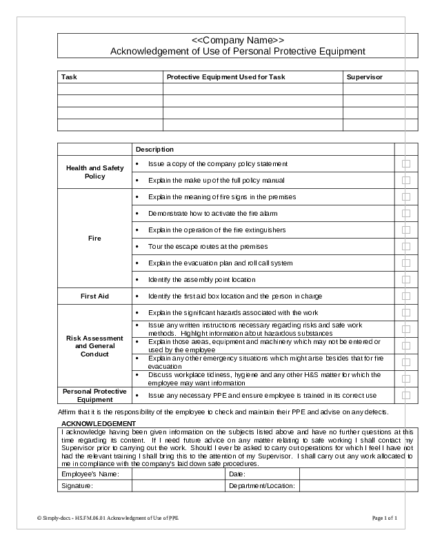 Acknowledgement Of Use Of Personal Protective Equipment PPE - Train’d Up